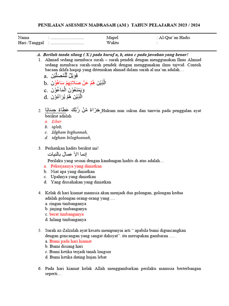 Soal Am Qurdis 2023 2024 Mi. Ok | PDF