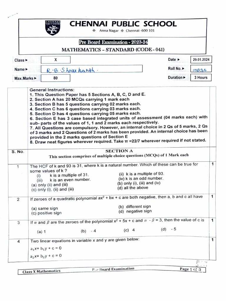 Maths CPS Pre-Board | Download Free PDF | Equations | Quadratic Equation