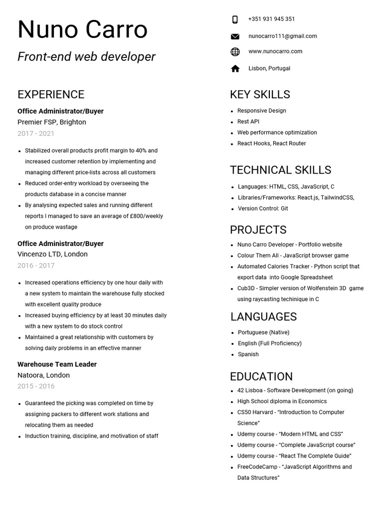 Nuno Carro Frontend Developer | PDF | Java Script | Systems Architecture
