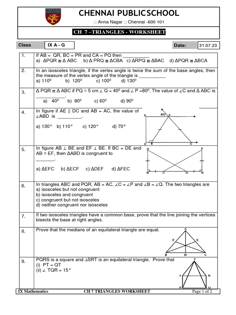 Chennai Public School: CH 7 - Triangles - Worksheet | PDF | Triangle | Euclidean Geometry