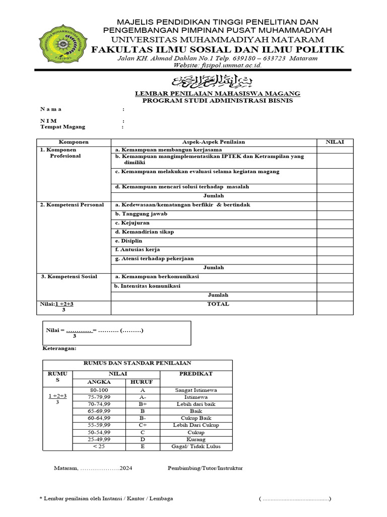 Lembar Penilaian Mahasiswa Magang | PDF