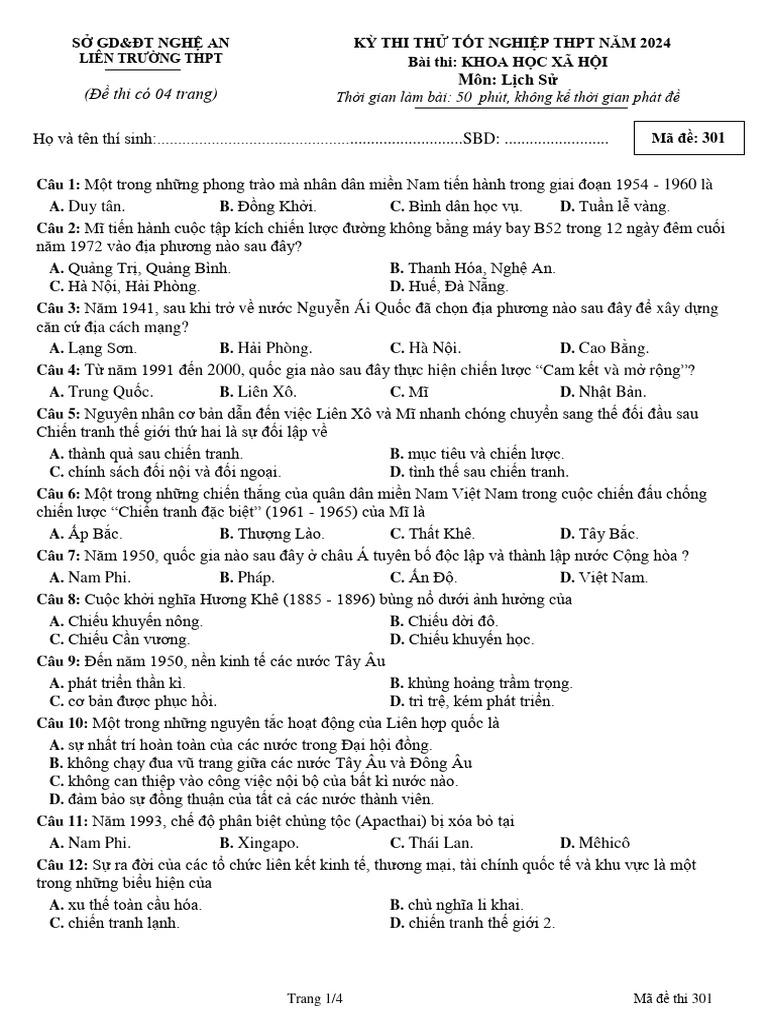 LiÃªn trÆ°á» ng THPT tá» nh Nghá» An láº§n 2 nÄ m 2024 | PDF