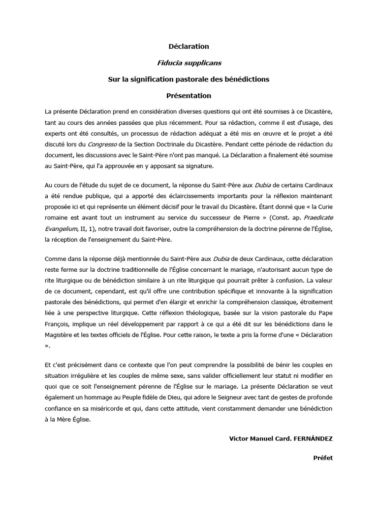 Déclaration Fiducia Supplicans | PDF | Dieu | Bénédiction