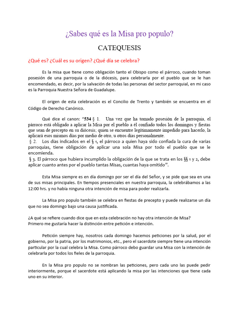 Sabes Qué Es La Misa Pro Populo | PDF