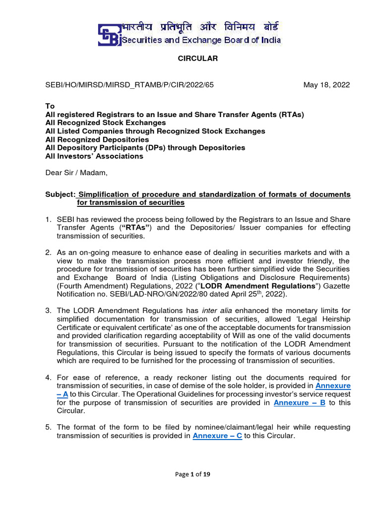 Simplified Procedure For Transmission of Shares - SEBI Circular | PDF ... Simplified Procedure For Transmission of Shares - SEBI Circular | PDF ...