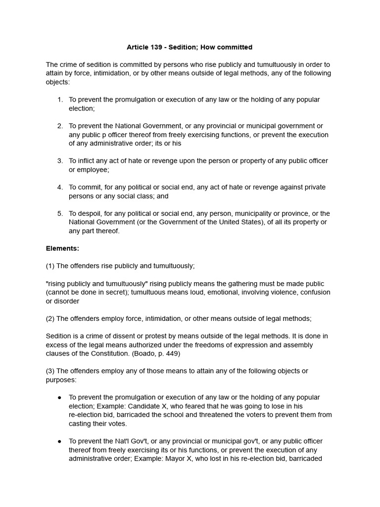 Understanding Article 139: Sedition Elements | PDF | Crimes | Crime ...