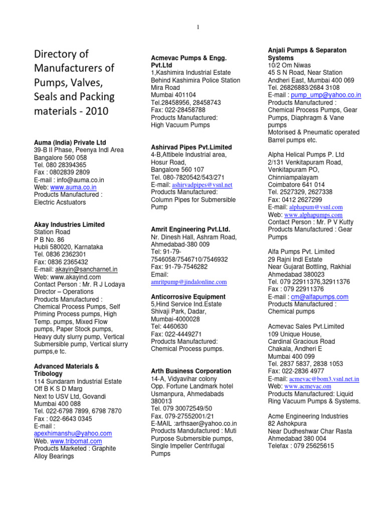 Pumps and Valves Manufacturers Directory | PDF | Pump | Mechanical ...