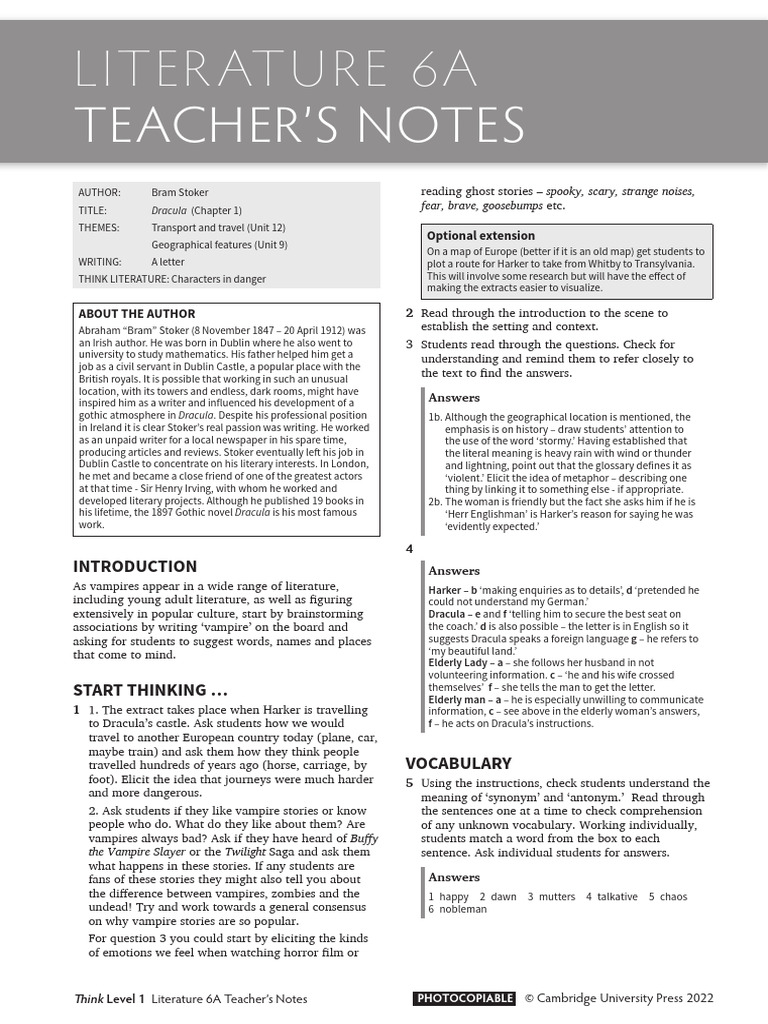 Thk2e BrE L1 Literature Unit 6A Teacher Notes | PDF | Dracula | Bram Stoker