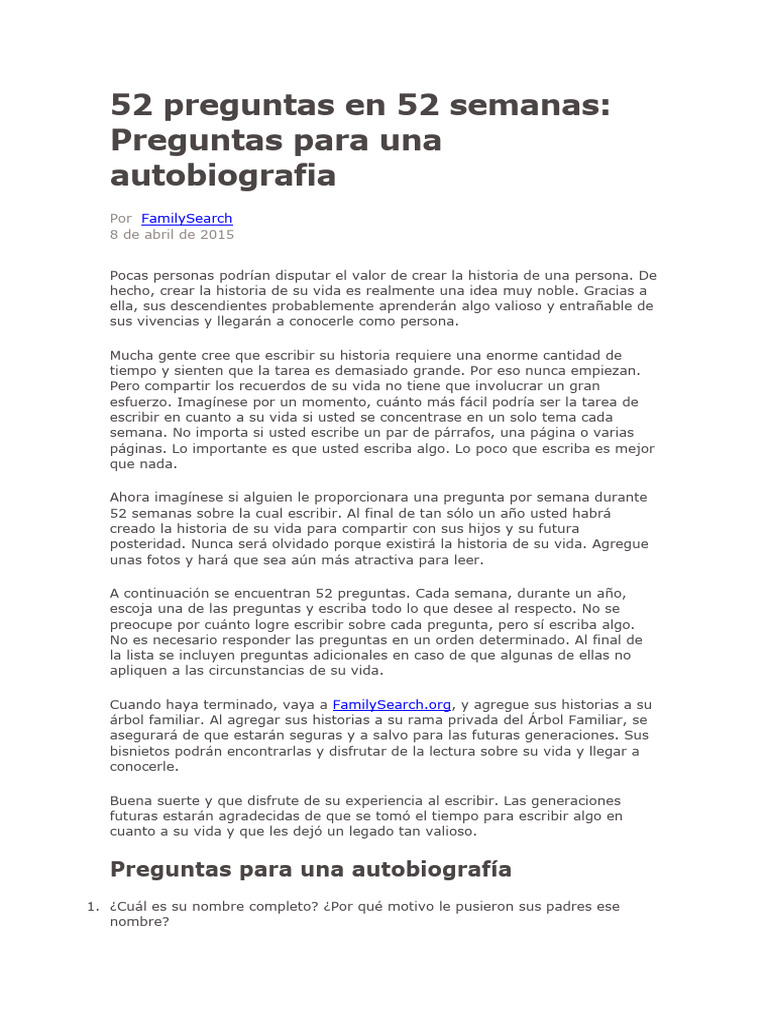 52 Preguntas AUTOBIOGRAFIA | PDF