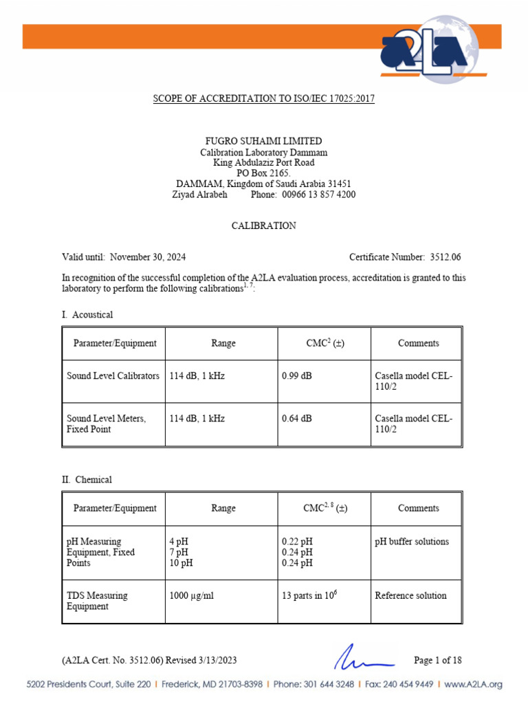 Fugro Suhaimi Scope of Accreditation | PDF | Calibration | Metrology Fugro Suhaimi Scope of Accreditation | PDF | Calibration | Metrology
