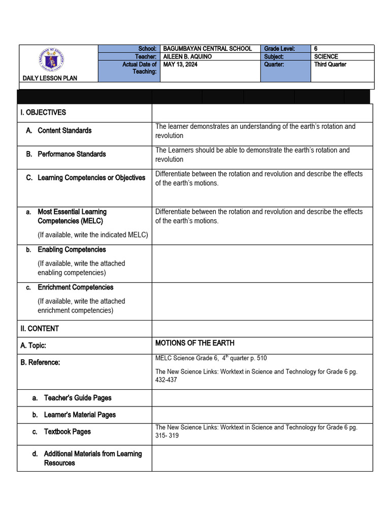 4th Quarter Lesson Plan | PDF | Apsis | Rotation