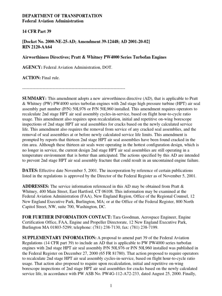 Easa Ad Us 2001 20 02 1 Pdf Federal Aviation Administration Code Of Federal Regulations