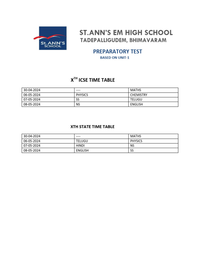 Xth ICSE & State Exam Time Table 2024 | PDF