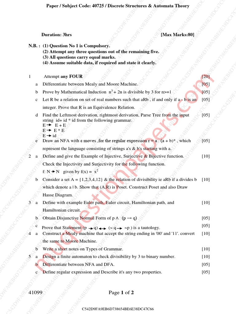 Discrete Structures & Automata Theory Exam | PDF | Applied Mathematics ...