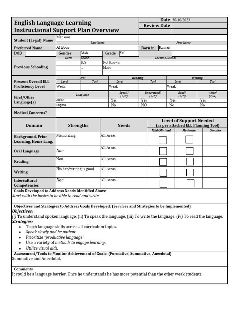 English Language Learning Support Plan | PDF | Reading Comprehension ...