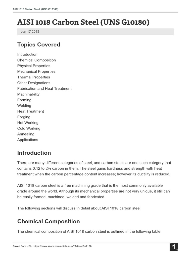 Aisi 1018 Carbon Steel (Uns g10180) | PDF | Steel | Strength Of Materials