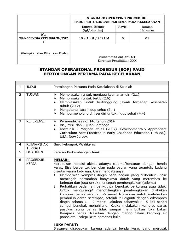 SOP Pertolongan Pertama PAUD | PDF