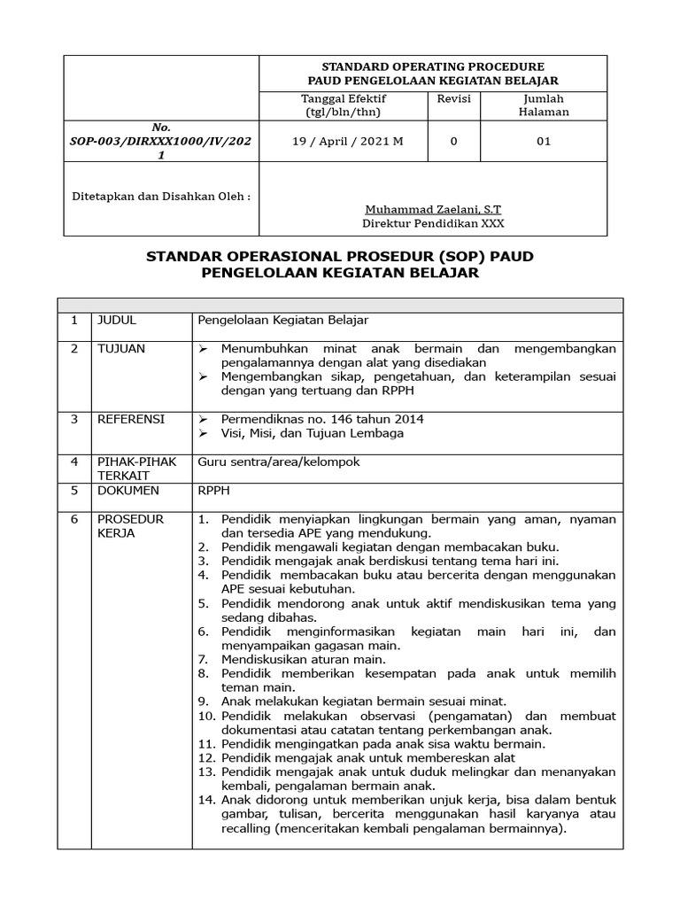 Sop Paud Pengelolaan Kegiatan Belajar | PDF | Karier & Perkembangan | Seni