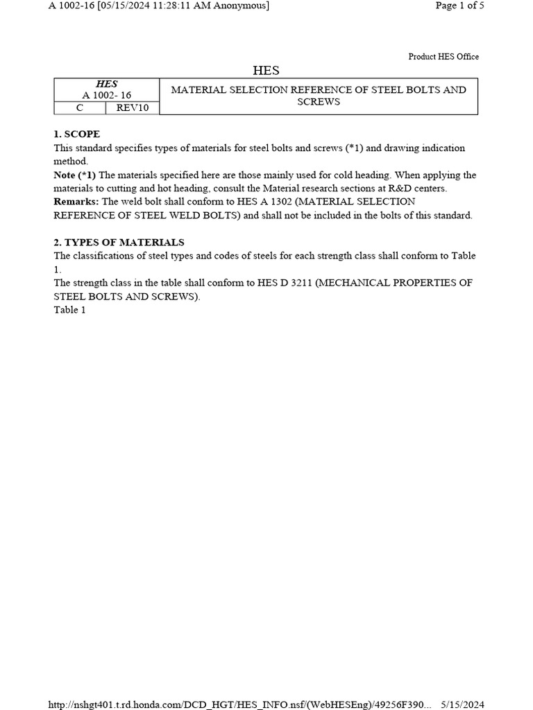 Hes A1002 Material Selection Reference of Steel Bolt and Screw | PDF | Screw | Strength Of Materials