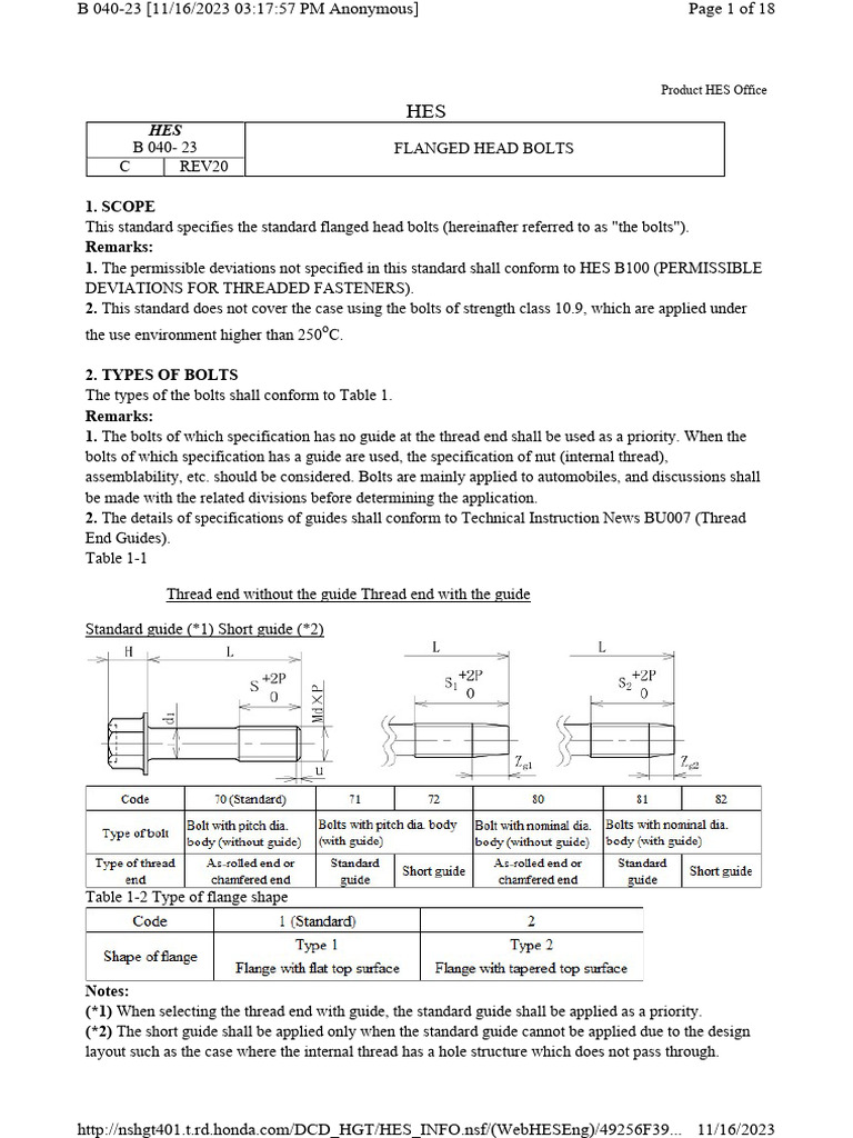 HES B040 FLANGE HEAD BOLT | Download Free PDF | Screw | Metalworking