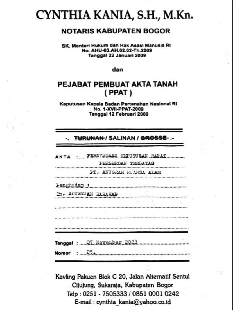 Akte Perubahan No. 25, Tgl. 7 Nop. 2023 Dan Pengesahan AHU | PDF