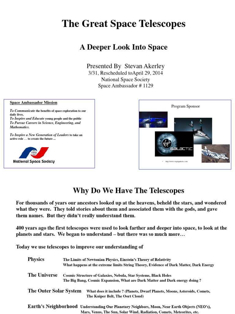 Space Ambassadors Presentation The Great Space Telescopes PDF | PDF | Dark Matter | Hubble Space ...