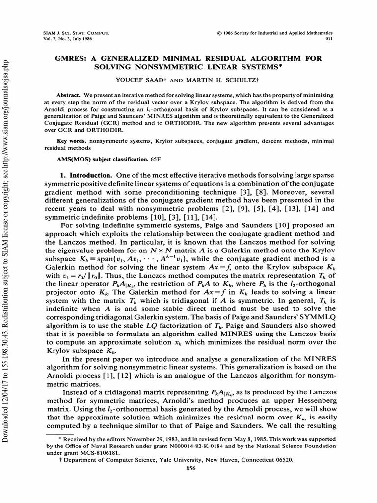 GMRES Saad | PDF | Mathematics Of Computing | Computational Science