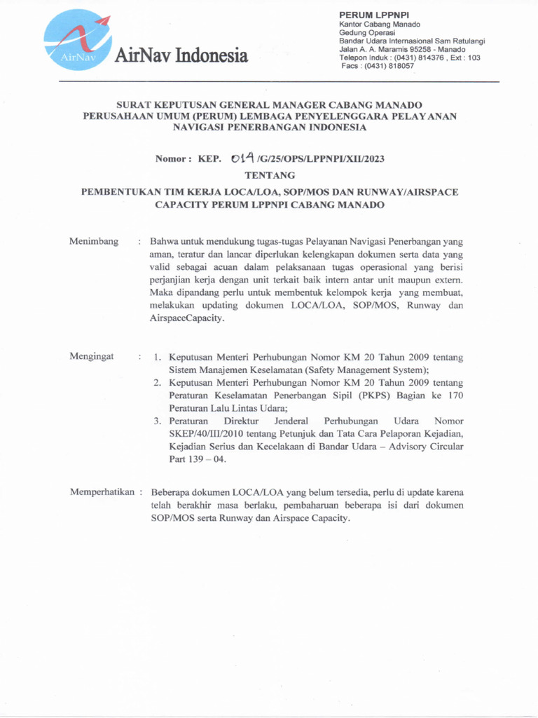 SK Pembentukan Tim Kerja Loca, Sop, Rwy Airspace Capacity | PDF