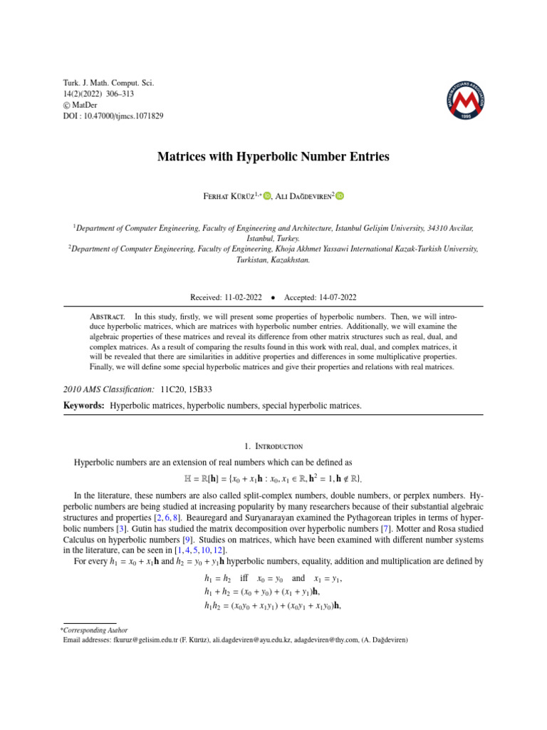 Hyperbolic Matrices Pdf Matrix Mathematics Algebraic Structures
