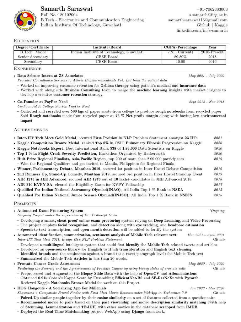 CV Samarth IITG.pdf | PDF | Machine Learning | Computing