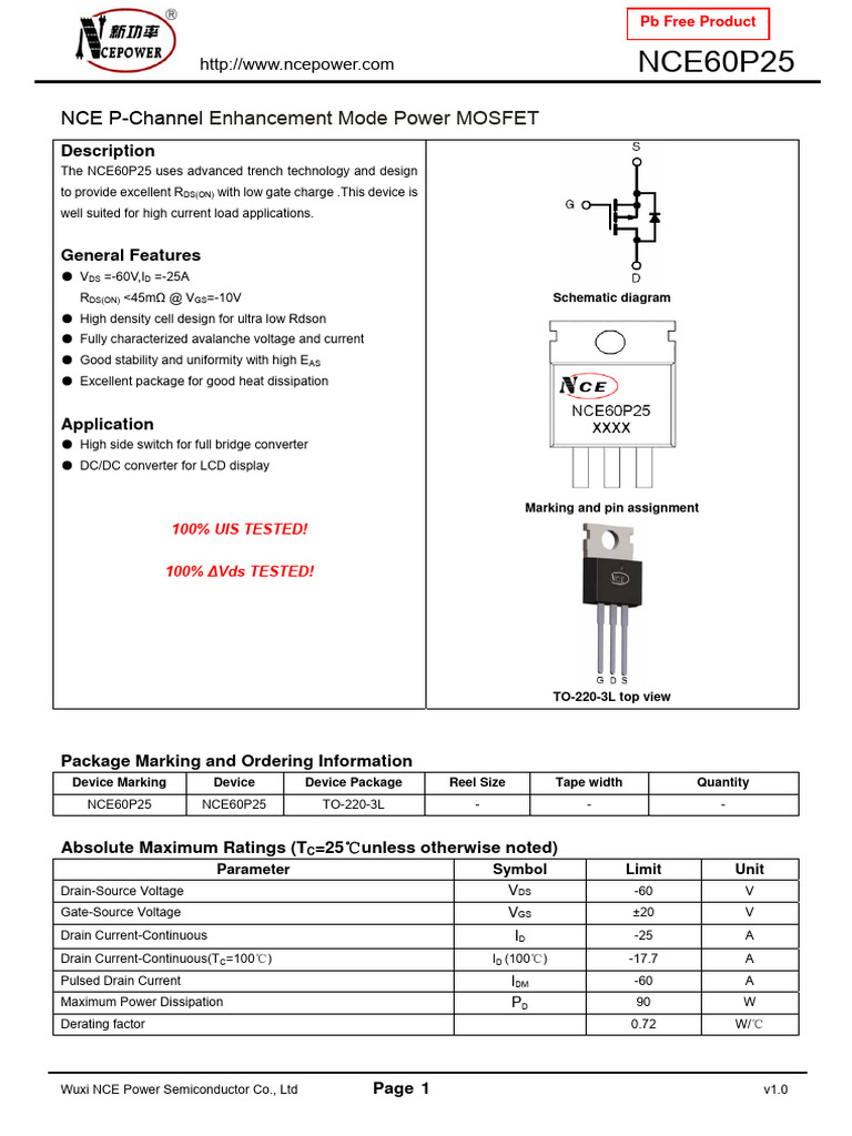 NCE60P25 | PDF | Field Effect Transistor | Electrical Engineering