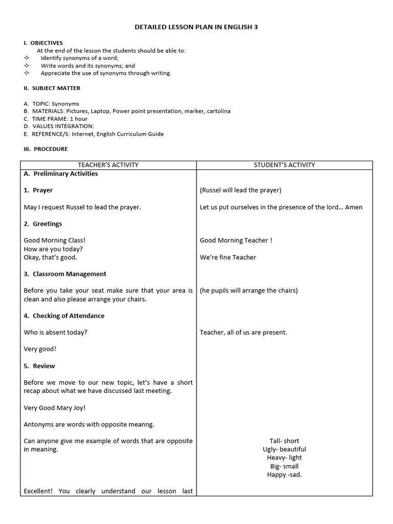 Synonyms Lesson Plan for Grade 3 | PDF | Teachers | Lesson Plan