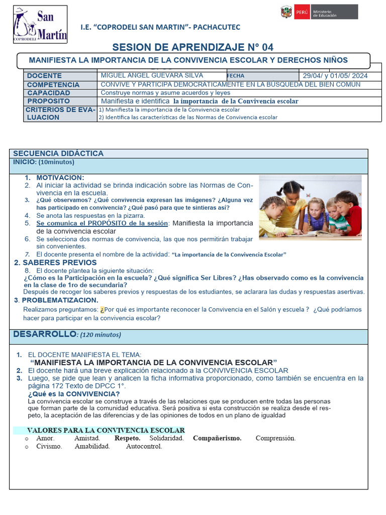 Sesion de Aprendozaje de DPCC 1ro Secun Ie Coprodeli SM 2024 Sesion 4 | PDF | Evaluación | Las ...