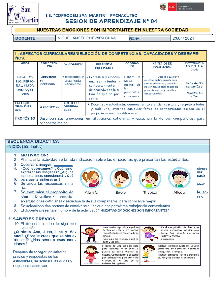 Sesion de Aprendozaje de DPCC 1ro Secun Ie Coprodeli SM 2024 Sesion 3 | PDF | Las emociones | Ira