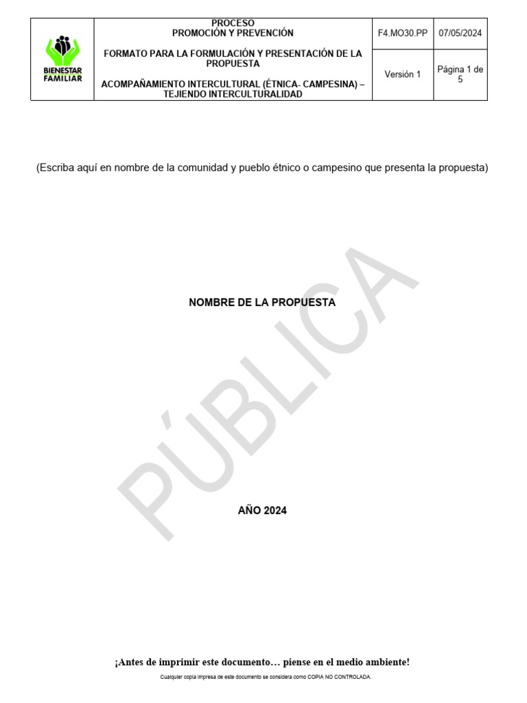 f4.Mo30.Pp Formato para La Formulacion y Presentacion de La Propuesta ...