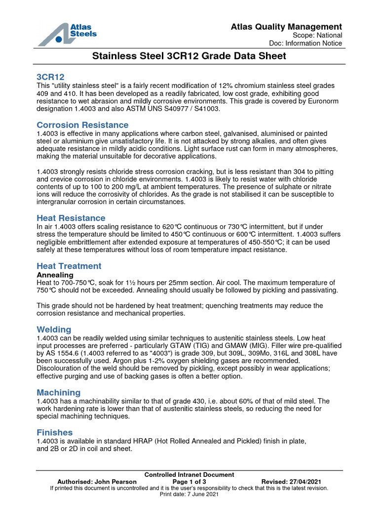 3CR12 Stainless Steel Grade Overview | PDF | Stainless Steel | Corrosion