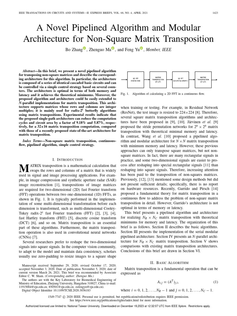 A Novel Pipelined Algorithm and Modular Architecture For Non-Square Matrix Transposition | PDF ...
