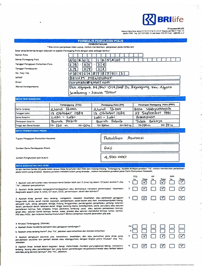 Revisi Form Pemulihan Polis | PDF