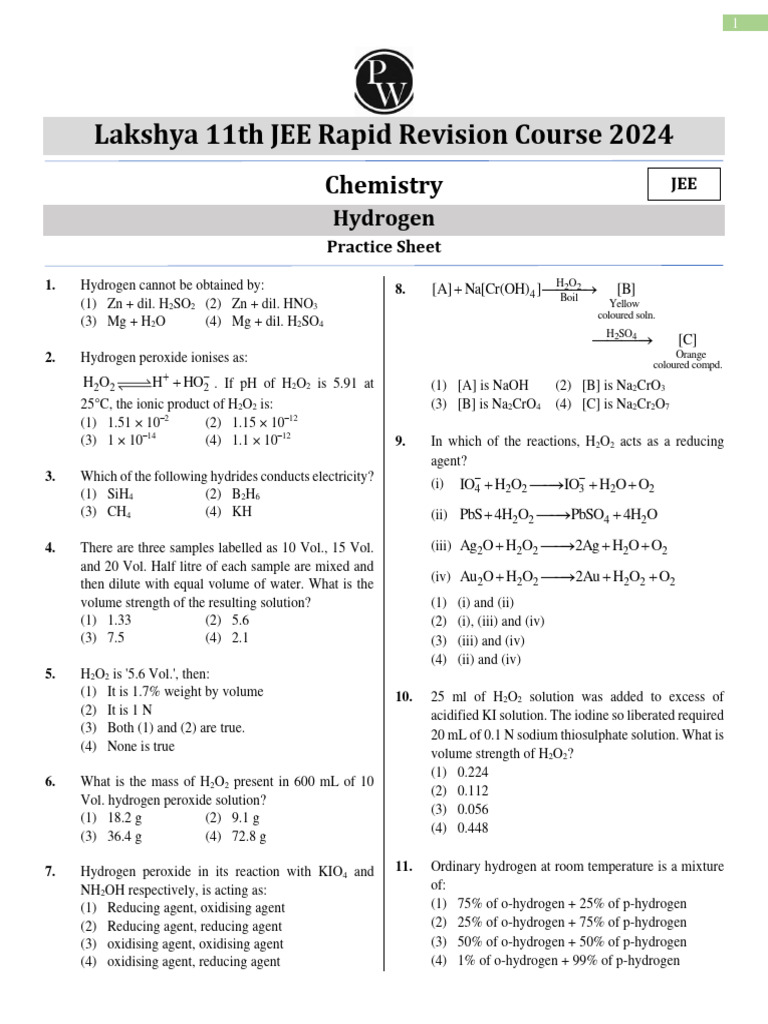 Hydrogen Practice Sheet Lakshya 11th JEE Rapid Revision Course654c91f719963f00182a8c5a | PDF ...