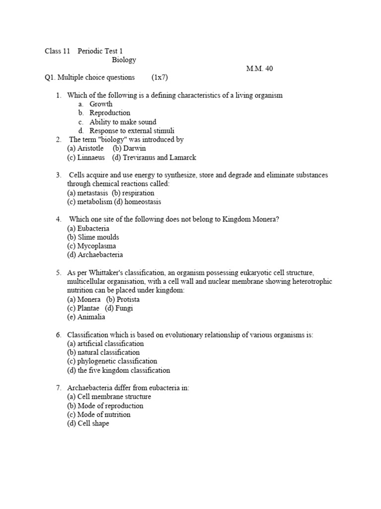 Class 11 Periodic Test 1 | PDF | Fungus | Organisms