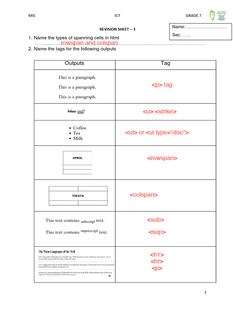 REVISION_SHEET__3 | Download Free PDF | Drink | Html