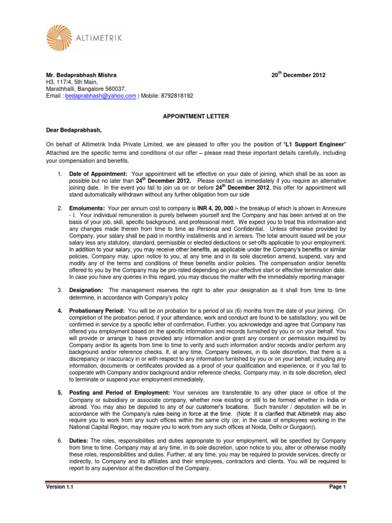 Altimetrik Appointment Letter for L1 Engineer | PDF | Salary | Employment