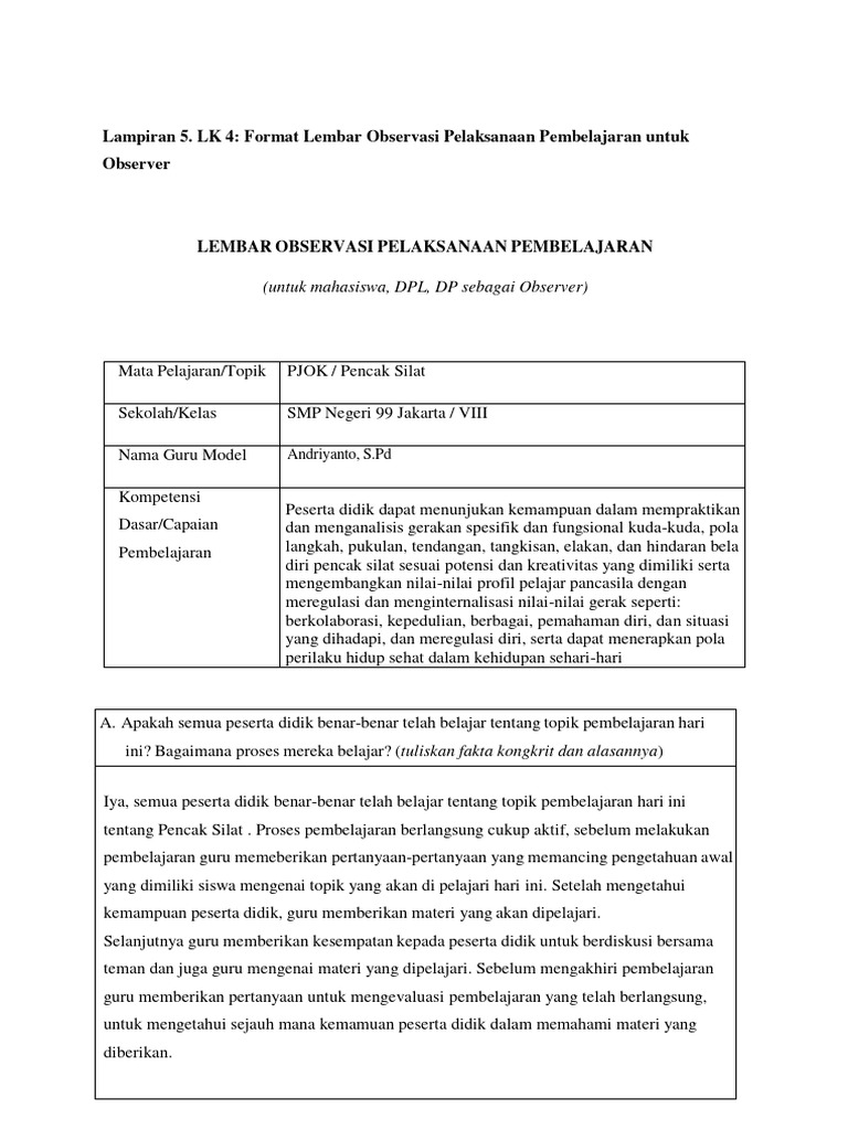 B4-5 Unggah LK 4 - Lembar Observasi Pembelajaran Observer - Siklus 1-1 | PDF