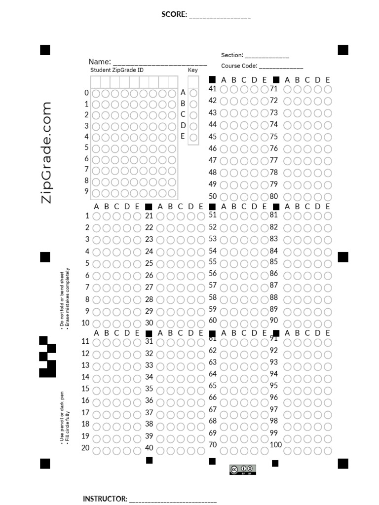 ZipGrade 100 Item Answer Sheet | PDF | Writing Implements | Stationery