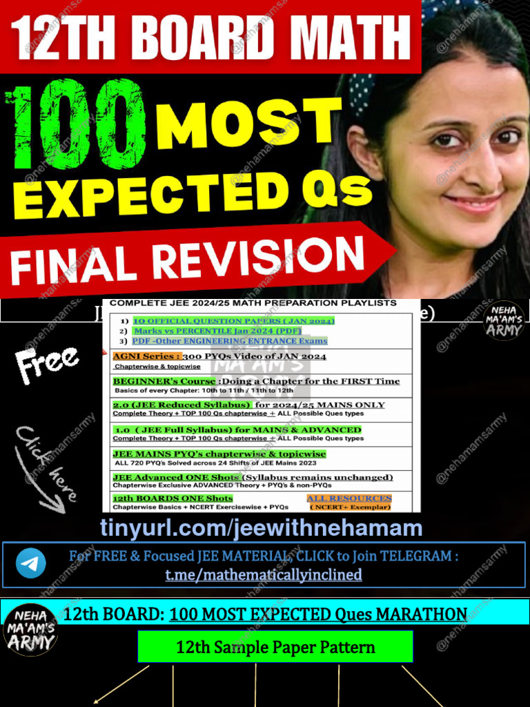 Cbse 2024 - 12th Board - 100 Most Expected Ques Marathon | PDF | Function (Mathematics) | Equations