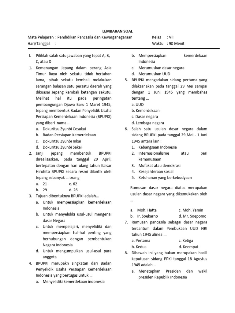 Lembaran Soal Pas SMT 1 | PDF