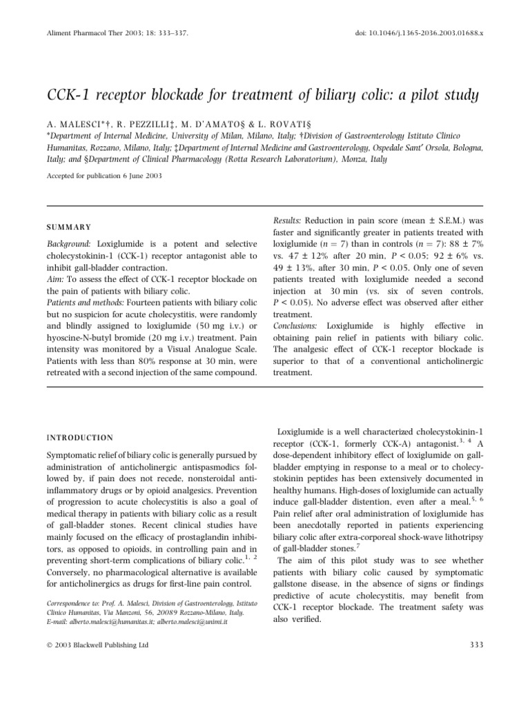 CCK1 Receptor Blockade For Treatment of Biliary Colic A Pilot Study ...