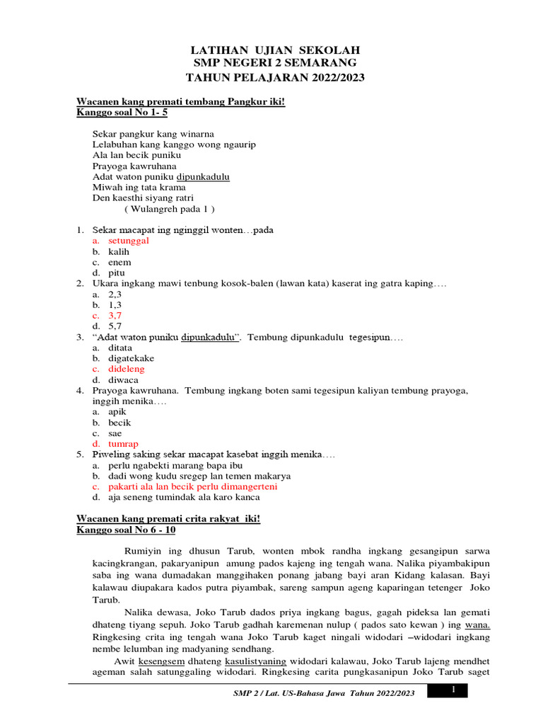Latihan Soal Us BHS Jawa | PDF