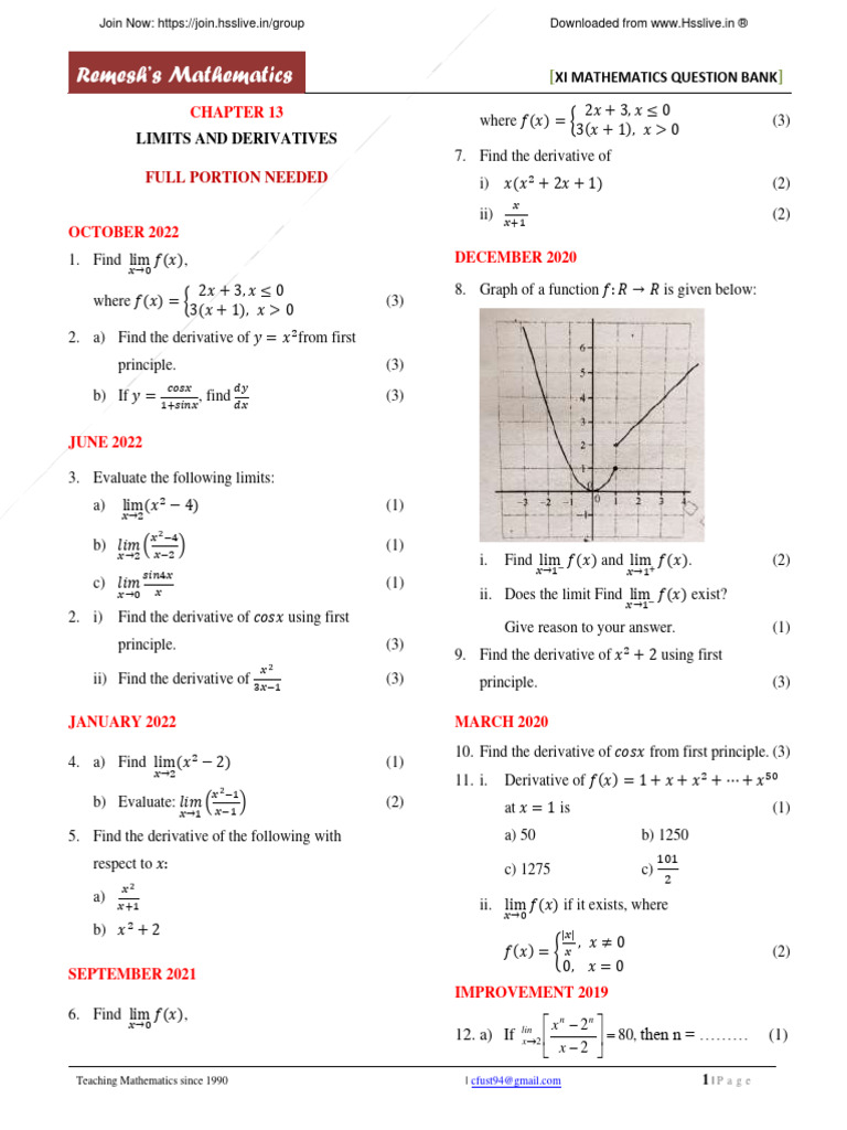 Hsslive Xi Maths QB 13 Limits and Derivatives | PDF | Mathematical Concepts | Subtraction