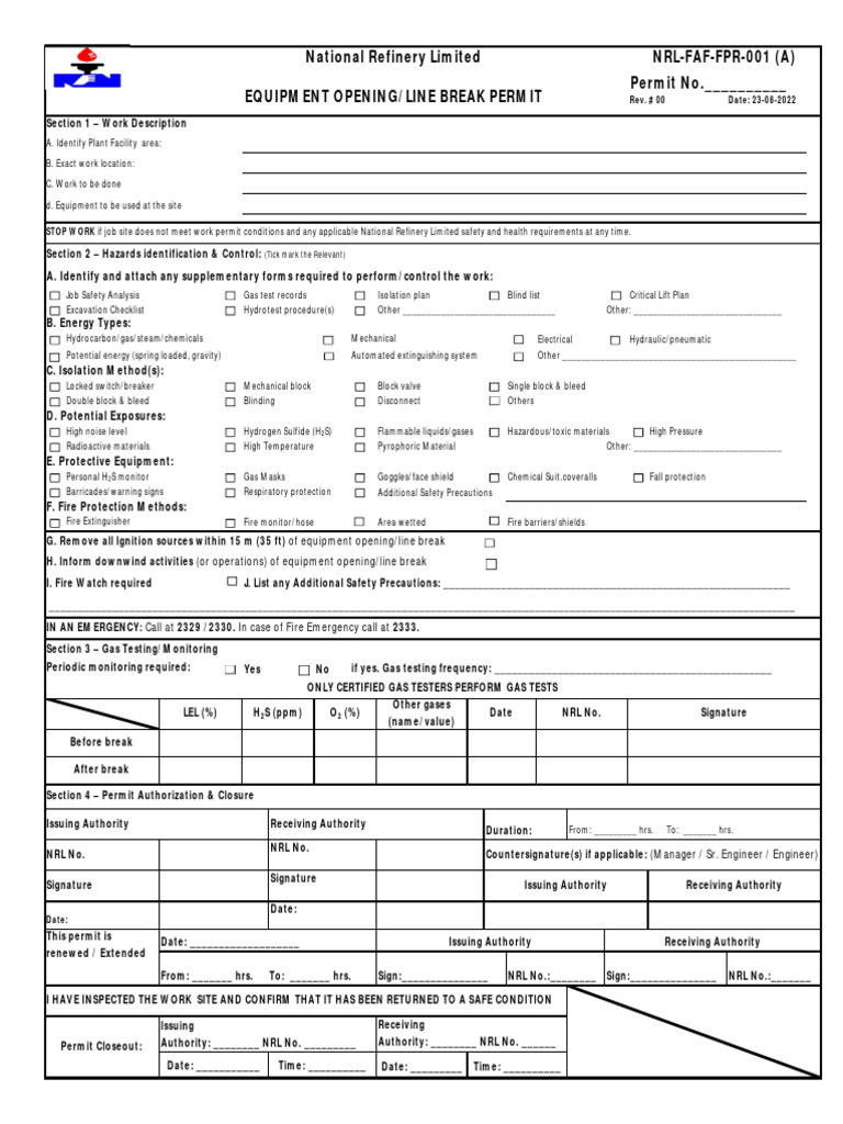 Equipment Opening/Line Break Permit | PDF | Oil Refinery | Fires
